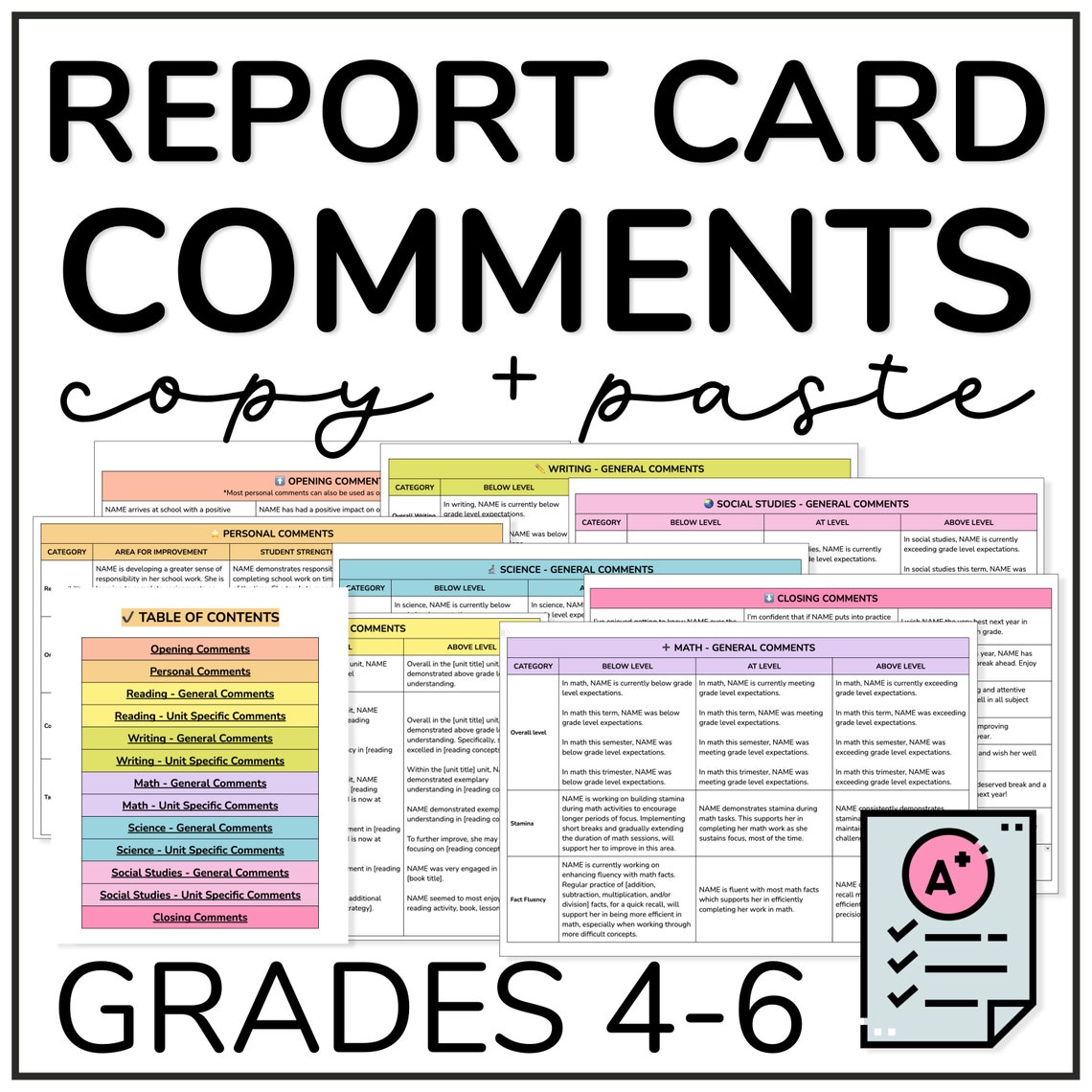 300 Report Card Comments Bank for Grades 4-6 is Fully Editable in ...