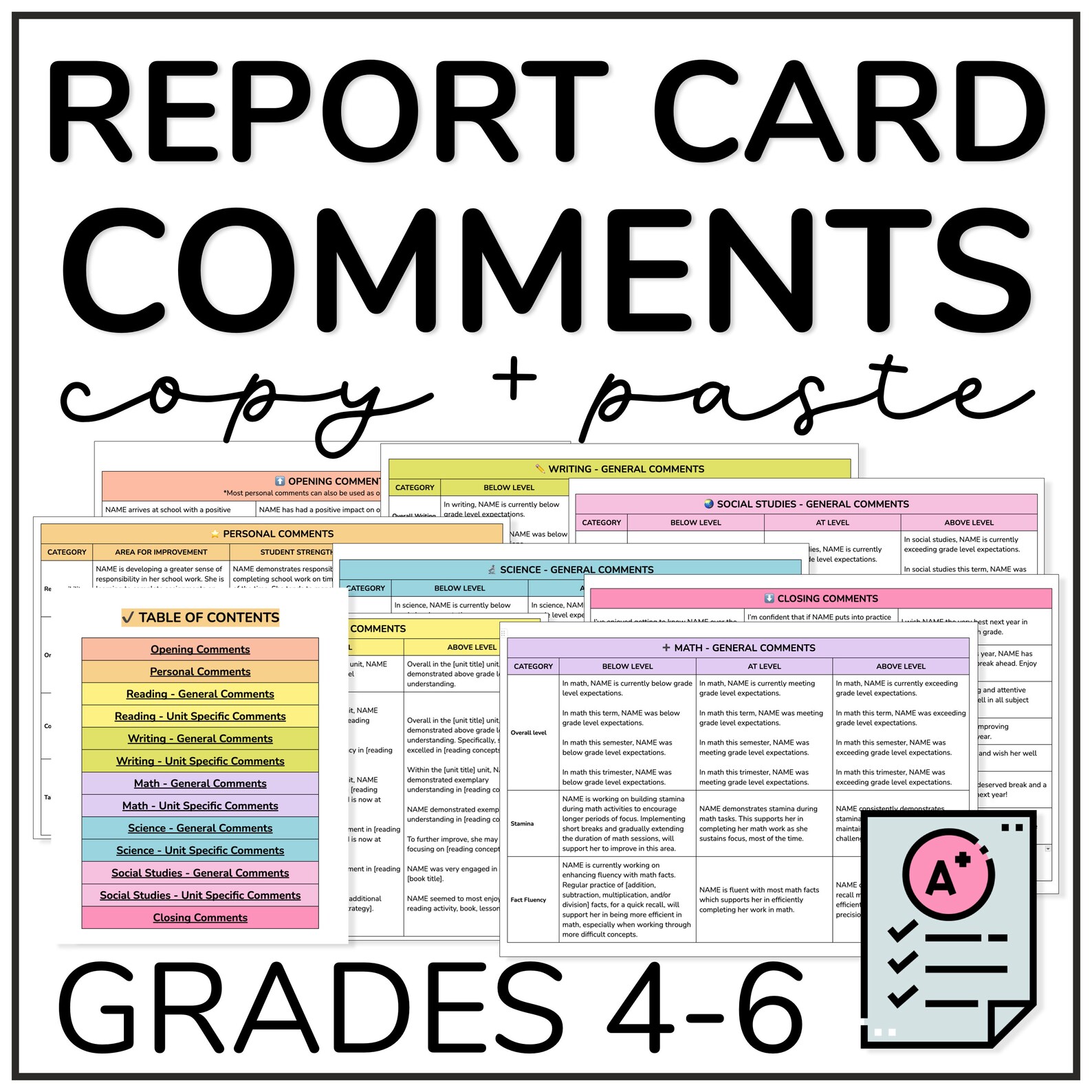 300 Report Card Comments Bank for Grades 4-6 is Fully Editable in ...