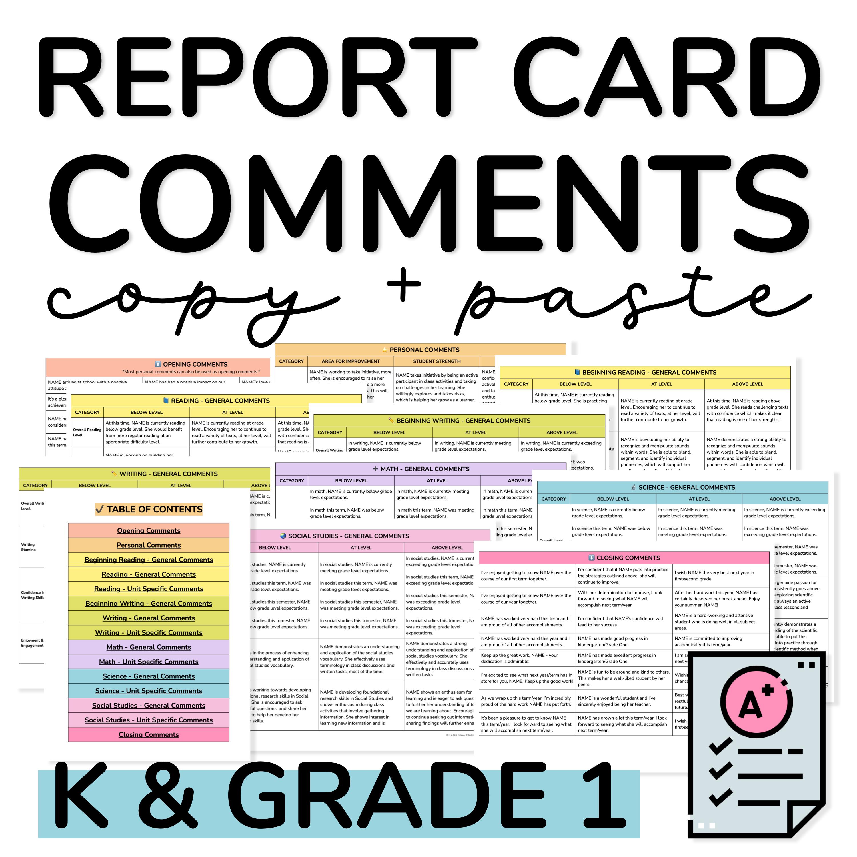 300+ Kindergarten Report Card Comments & Grade 1 Report Card Comments ...