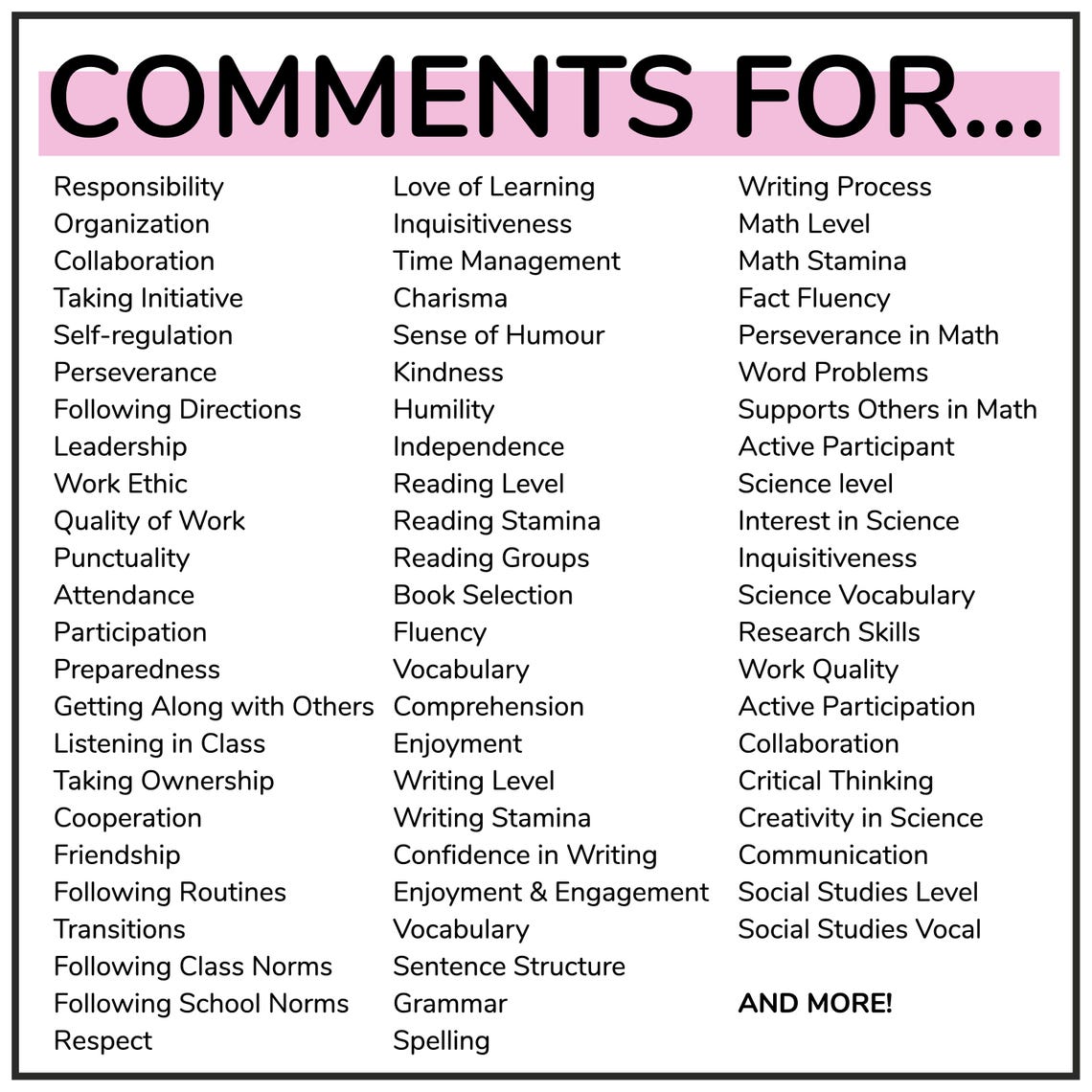 300+ Grade 2-3 Report Card Comment Bank Editable in Google Docs - Beg ...