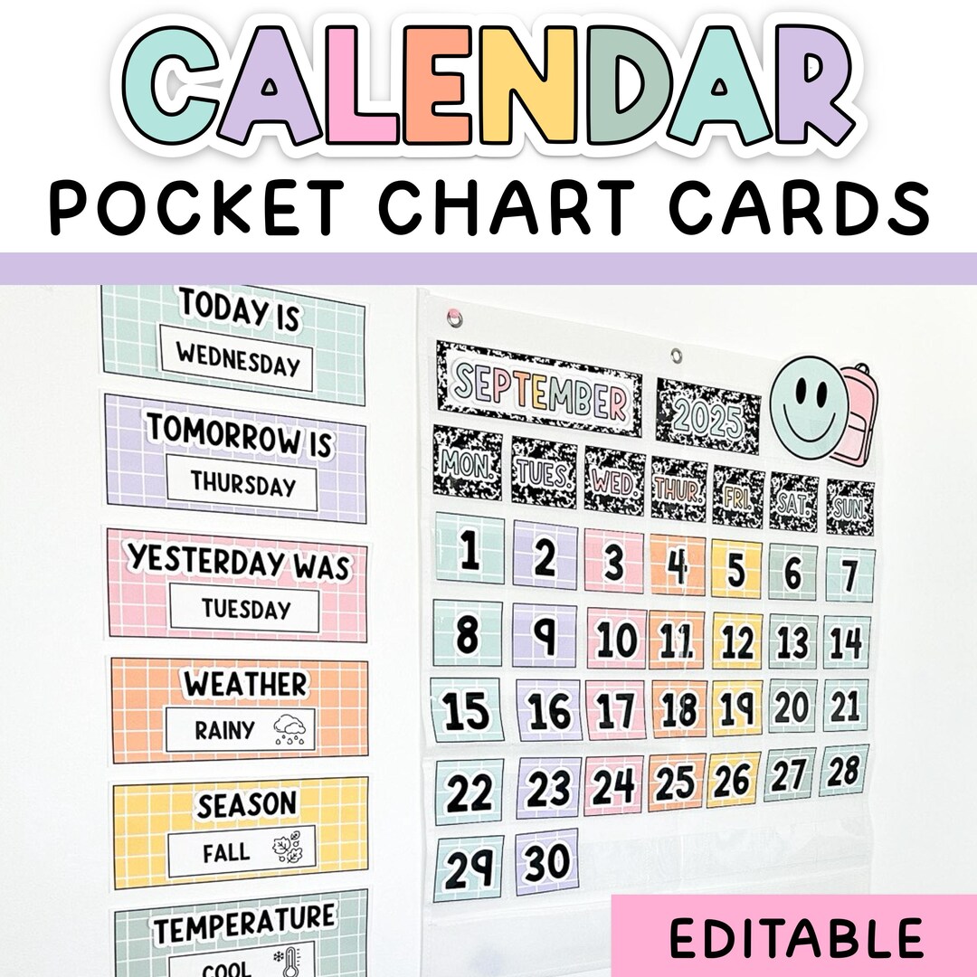 Composition Notebook Editable Calendar Pocket Chart - Calendar Numbers ...