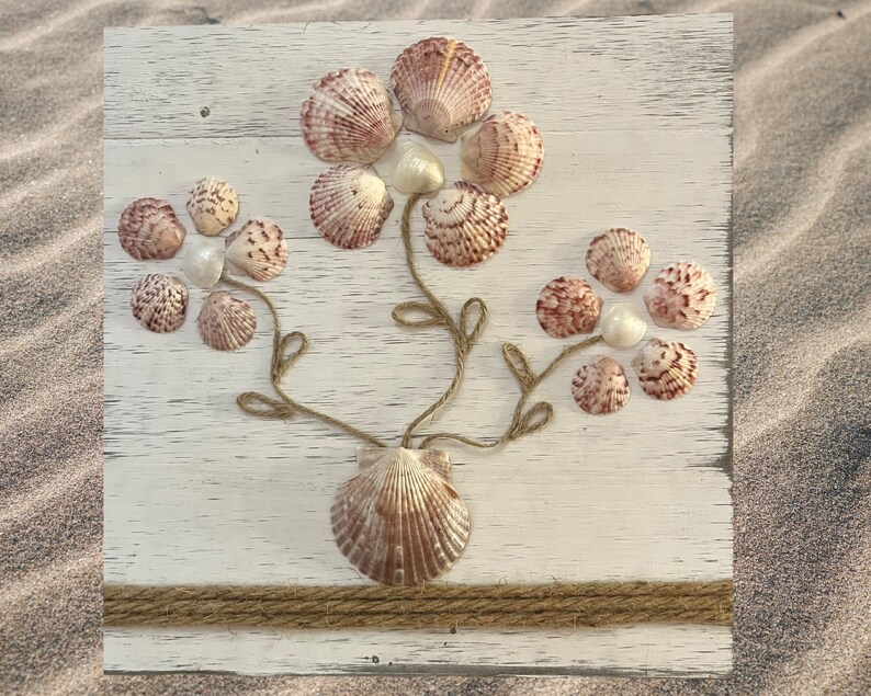 Florida Seashell Wall Art, Scallop Daisy Bouquet on Wood, Beach Decor ...