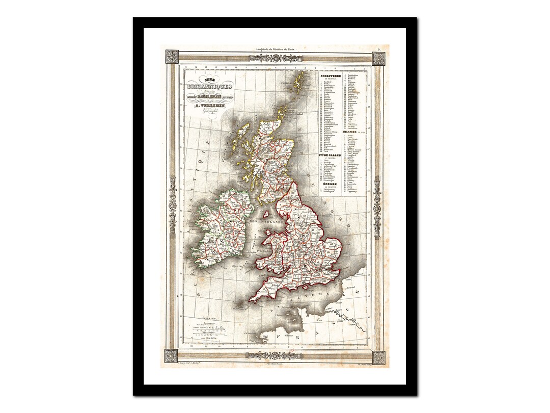 Old Map of British Isles UK Europe 1852 - Art Print - Vintage Poster ...