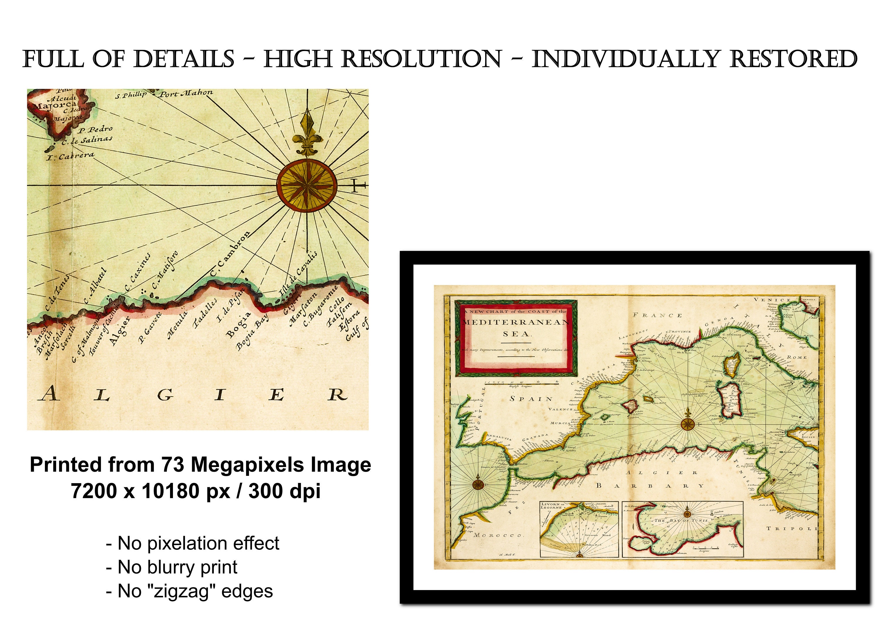 Old Map of Mediterranean Sea 1702 Map Art Print Vintage Poster Antique ...