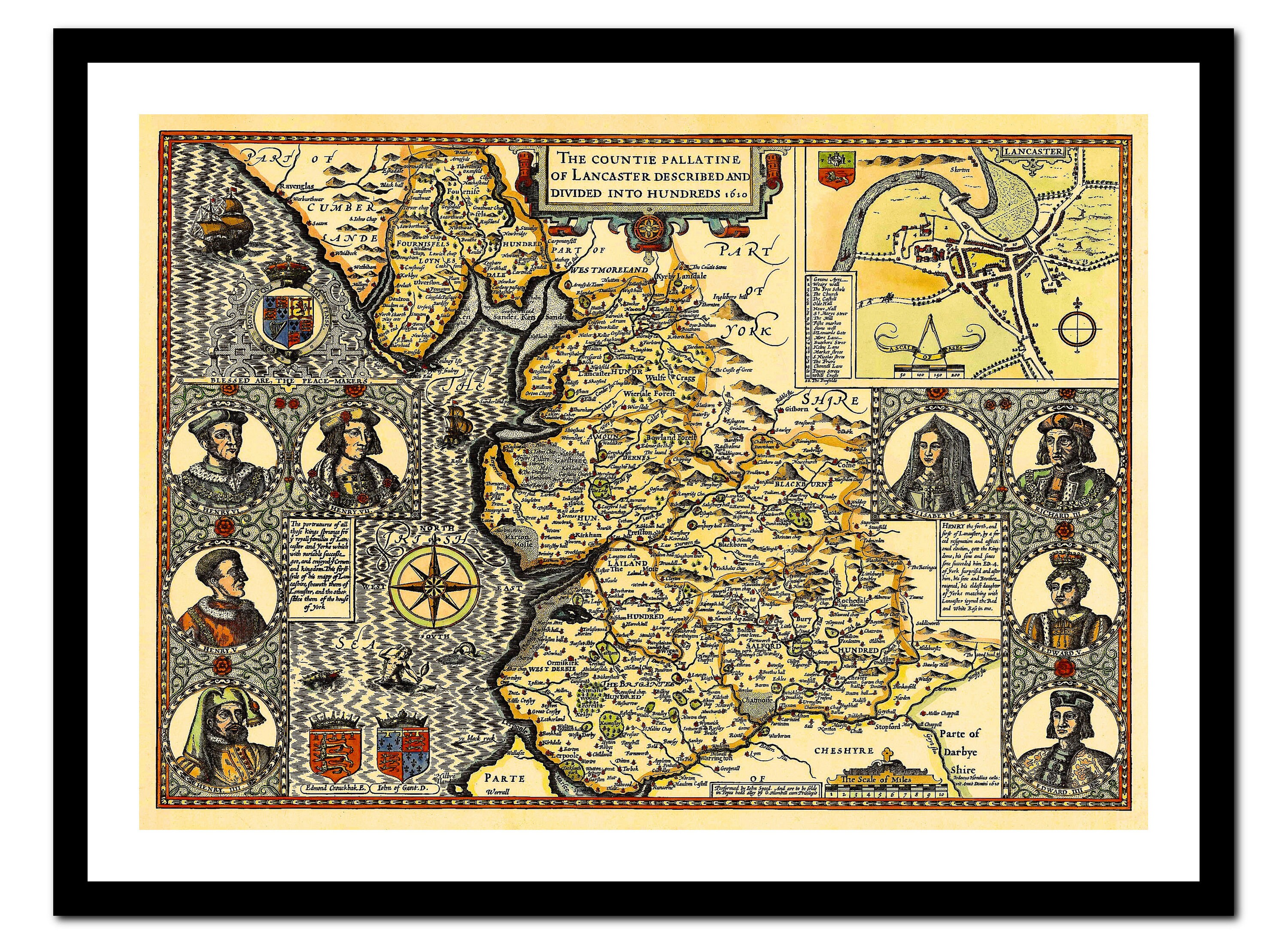 Old Map of Lancashire England UK Europe 1610 Art Print Vintage Poster ...