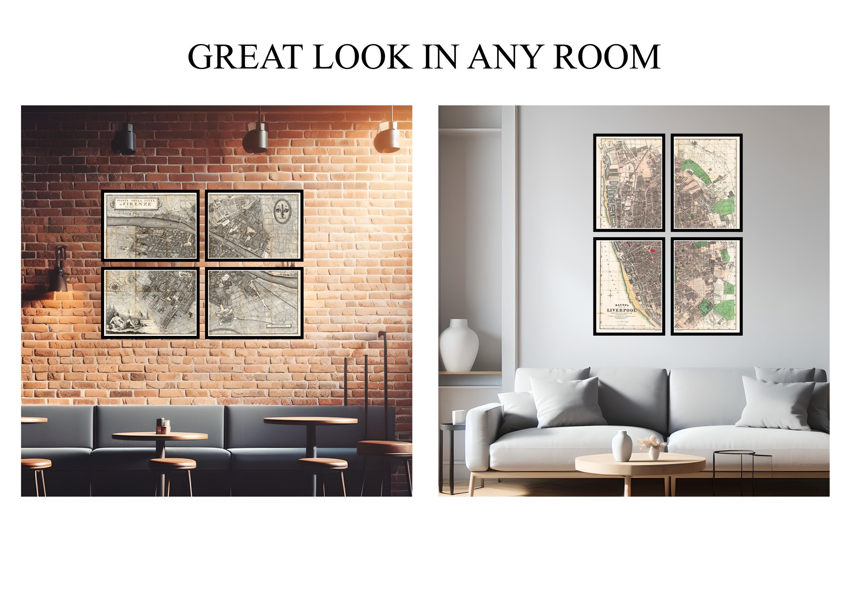 300 Old Maps Prints 4 Panels Large Wall Art Decor Classic Retro ...