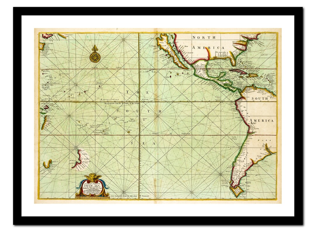 Bathroom Art Print - Sea Map Ocean Navy Chart - Vintage Poster ...