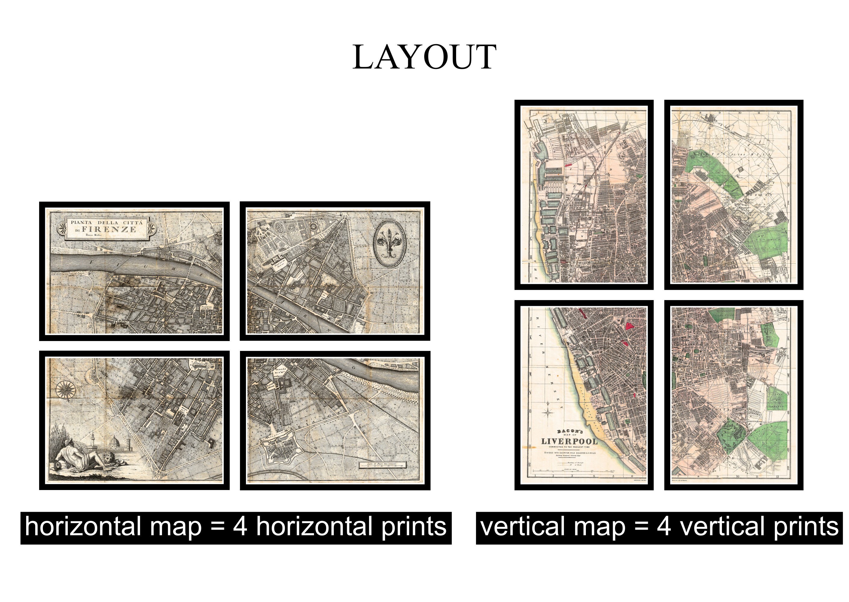 300 Old Maps Prints 4 Panels Large Wall Art Decor Classic Retro ...