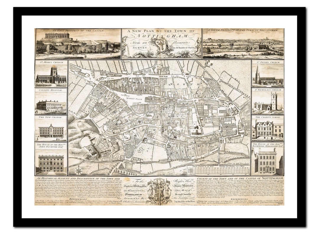 Old Map of Nottingham England UK Europe 1744 - Art Print - Vintage ...
