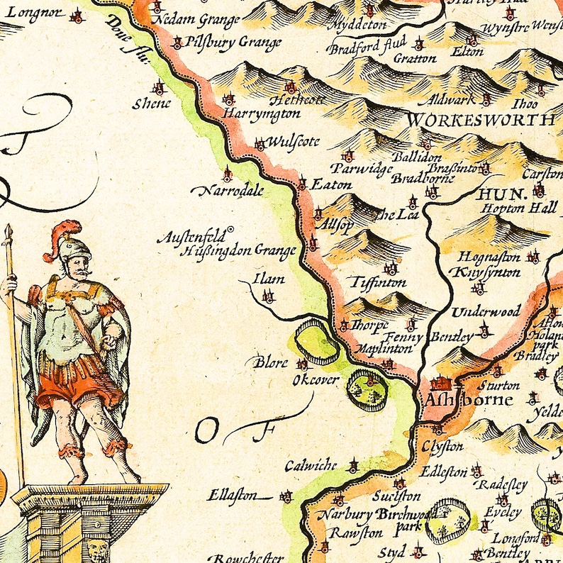 Old Map of Derbyshire England UK 1665 Art Print Vintage Poster Antique ...