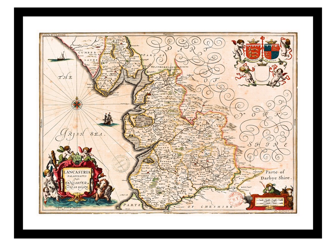Old Map of Lancashire England UK 1646 - Art Print - Vintage Poster ...