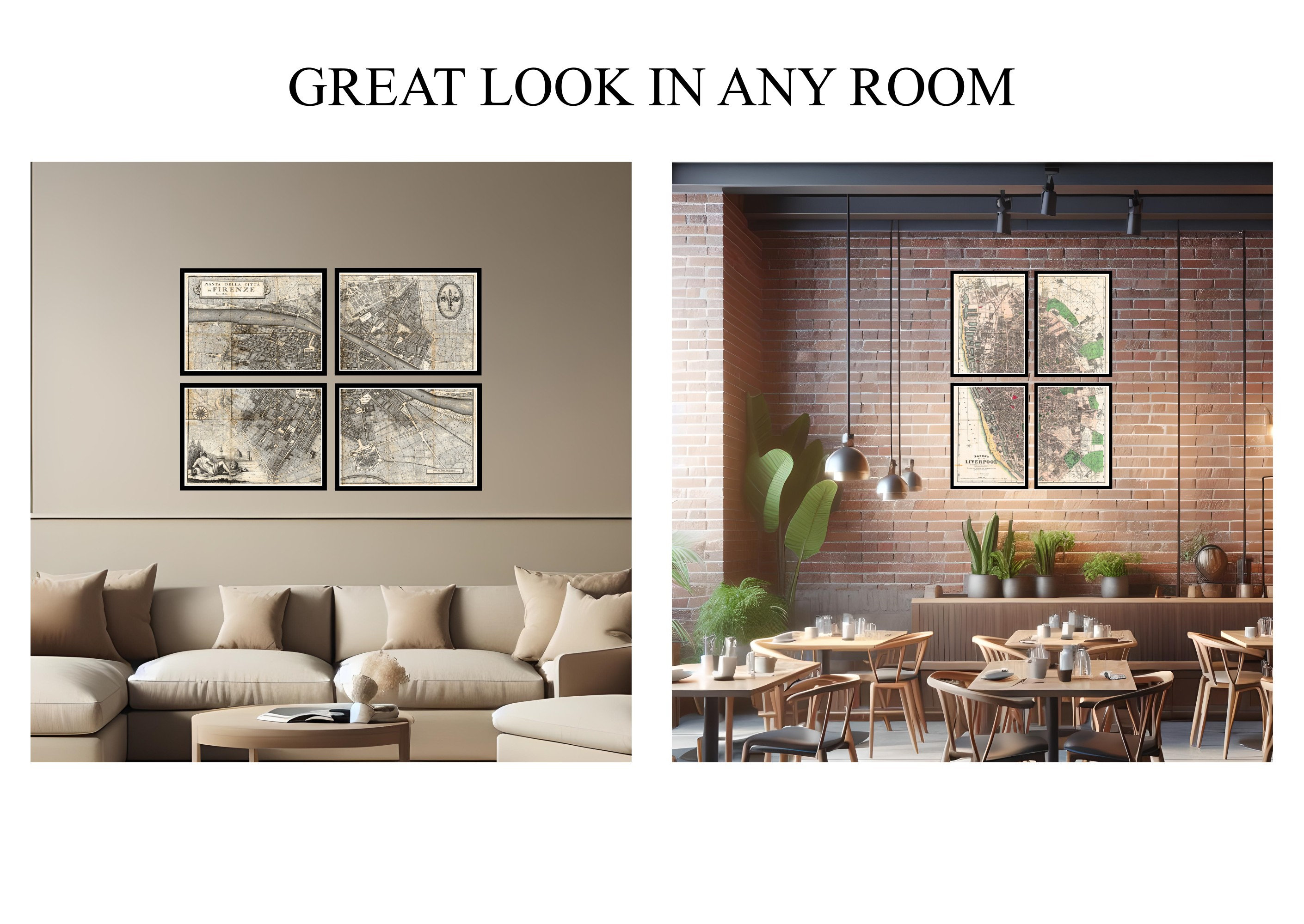 300 Old Maps Prints 4 Panels Large Wall Art Decor Classic Retro ...