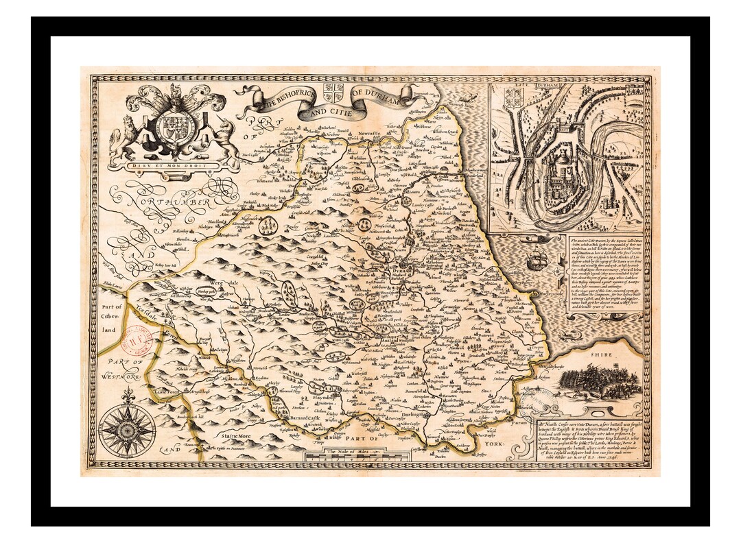 Old Map of Durham England UK 1610 - Art Print - Vintage Poster ...