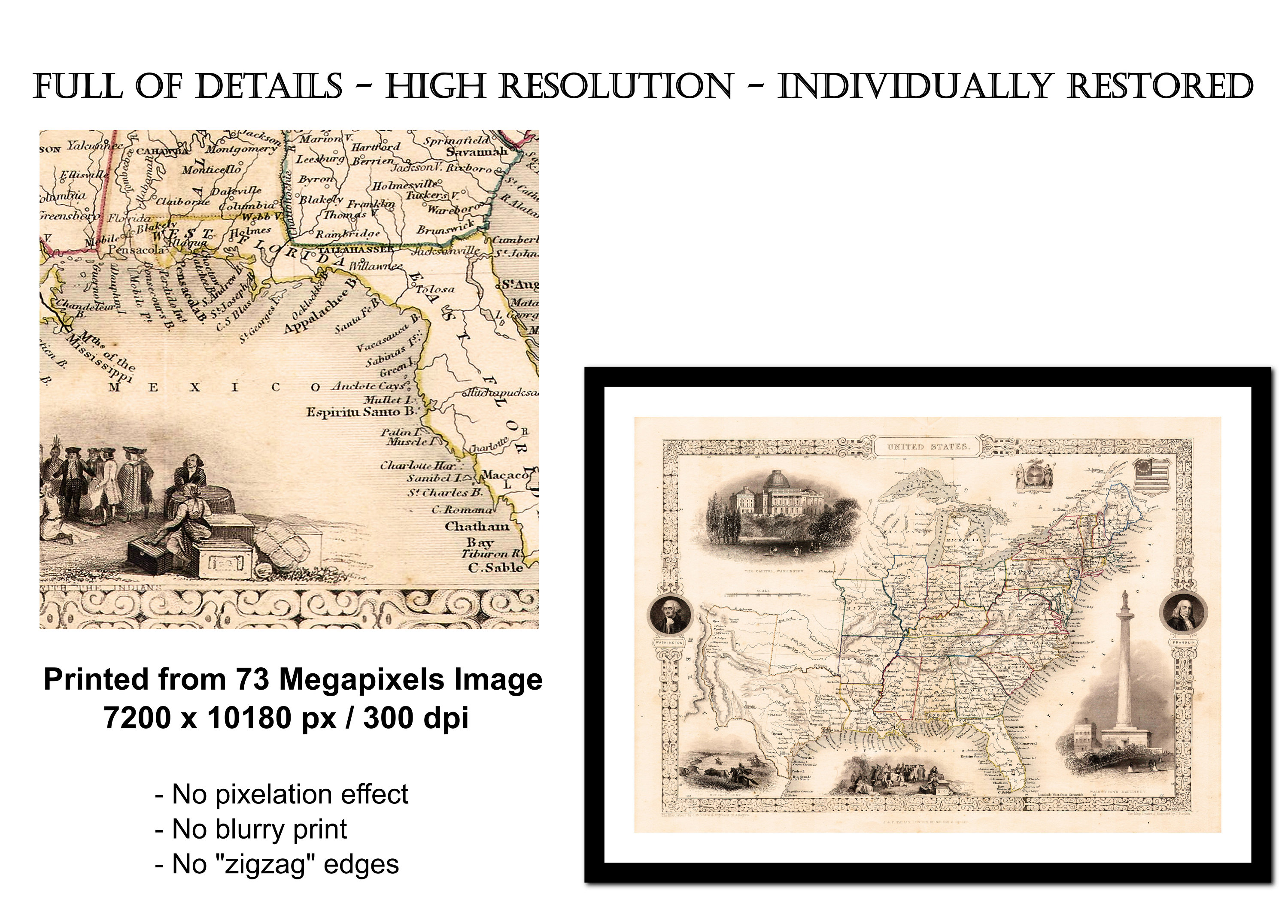 Old Map of Texas Florida USA America 1850 - Art Print - Vintage Poster ...