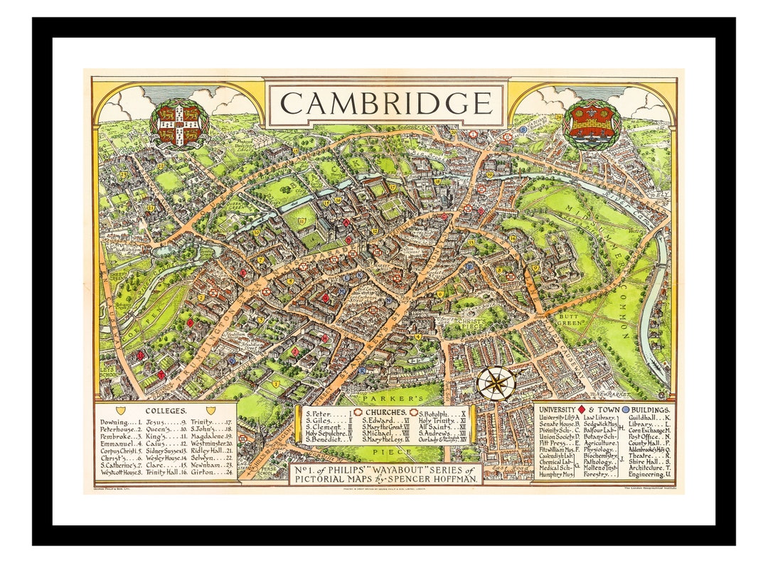 Old Map of Cambridge England UK 1929 - Art Print - Vintage Poster ...