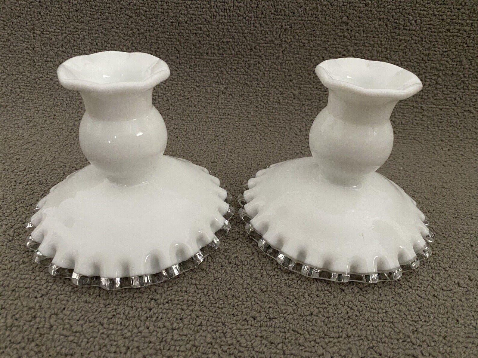 Set of Vintage Fenton Milk Glass Silver Crest Candlesticks Candle ...