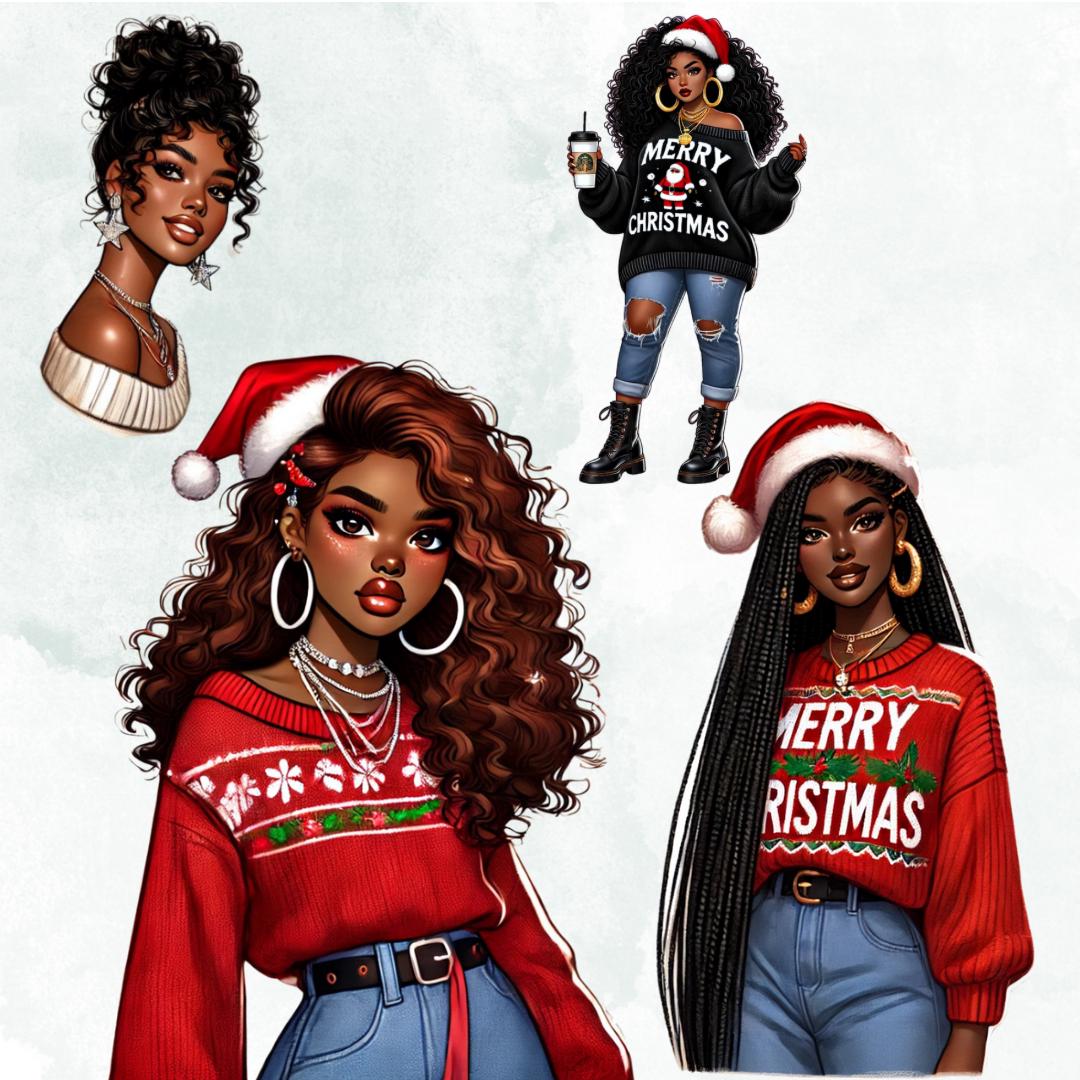 Black Girl Christmas Clipart, Christmas Illustrations Black Girl, Black ...