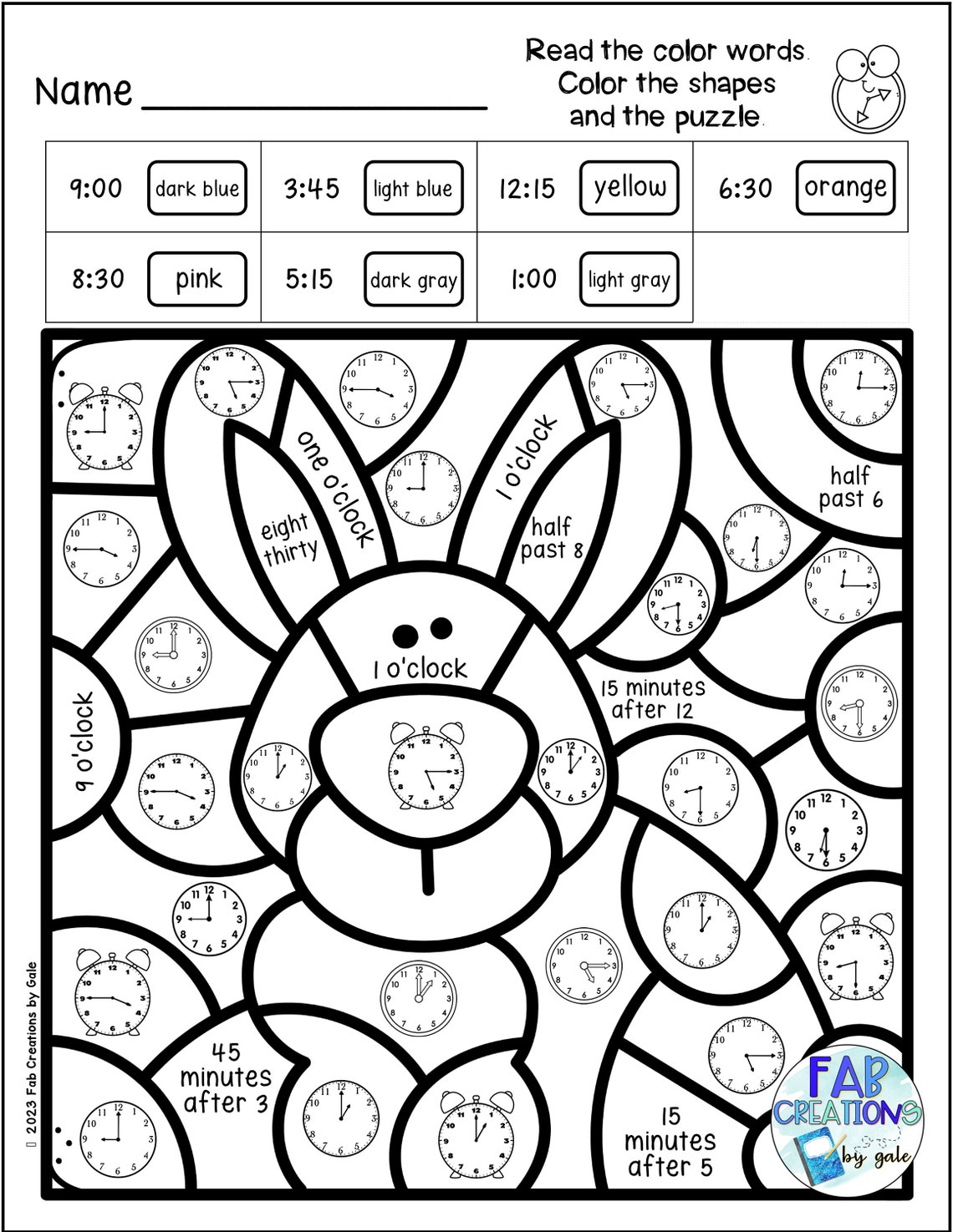 Telling Time to the Hour, Half Hour and 5 Minute Intervals Color by ...