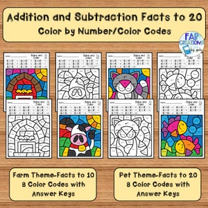 Addition and Subtraction Facts to 20 Color Codes, Color by Number for ...