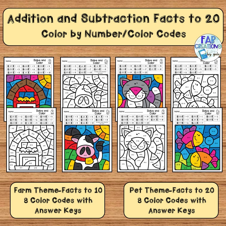 Addition and Subtraction Facts to 20 Color Codes, Color by Number for ...