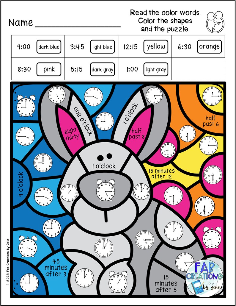 Telling Time to the Hour, Half Hour and 5 Minute Intervals Color by ...