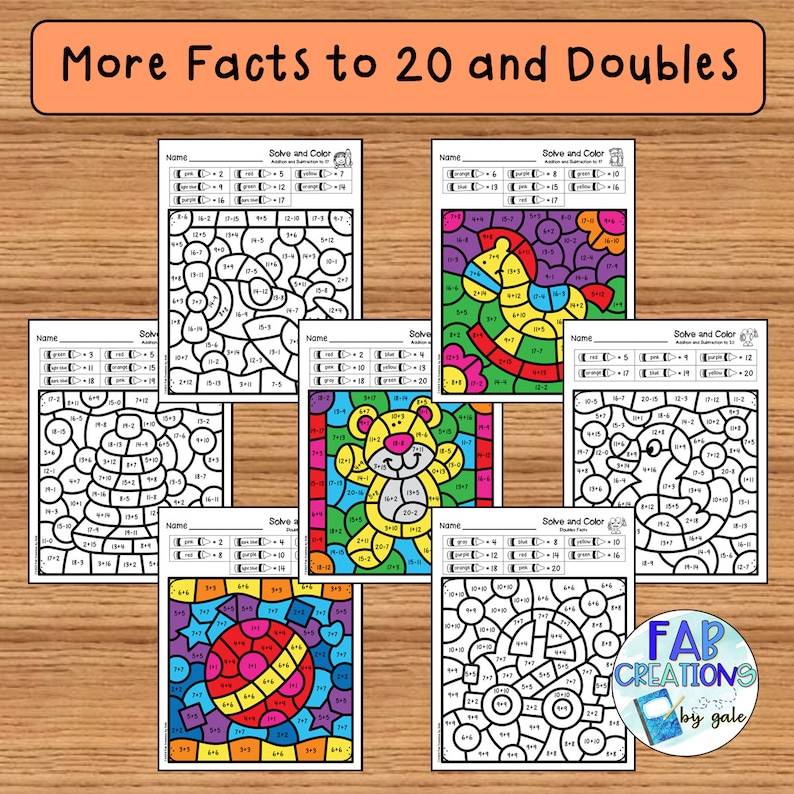 Addition and Subtraction Math Facts to 20 Color by Number Worksheets ...