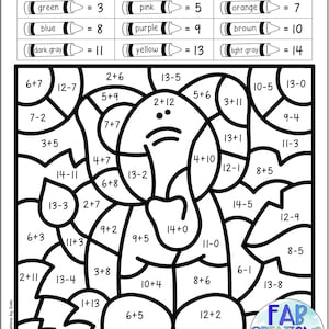 Addition and Subtraction Math Facts to 20 Color by Number Worksheets ...