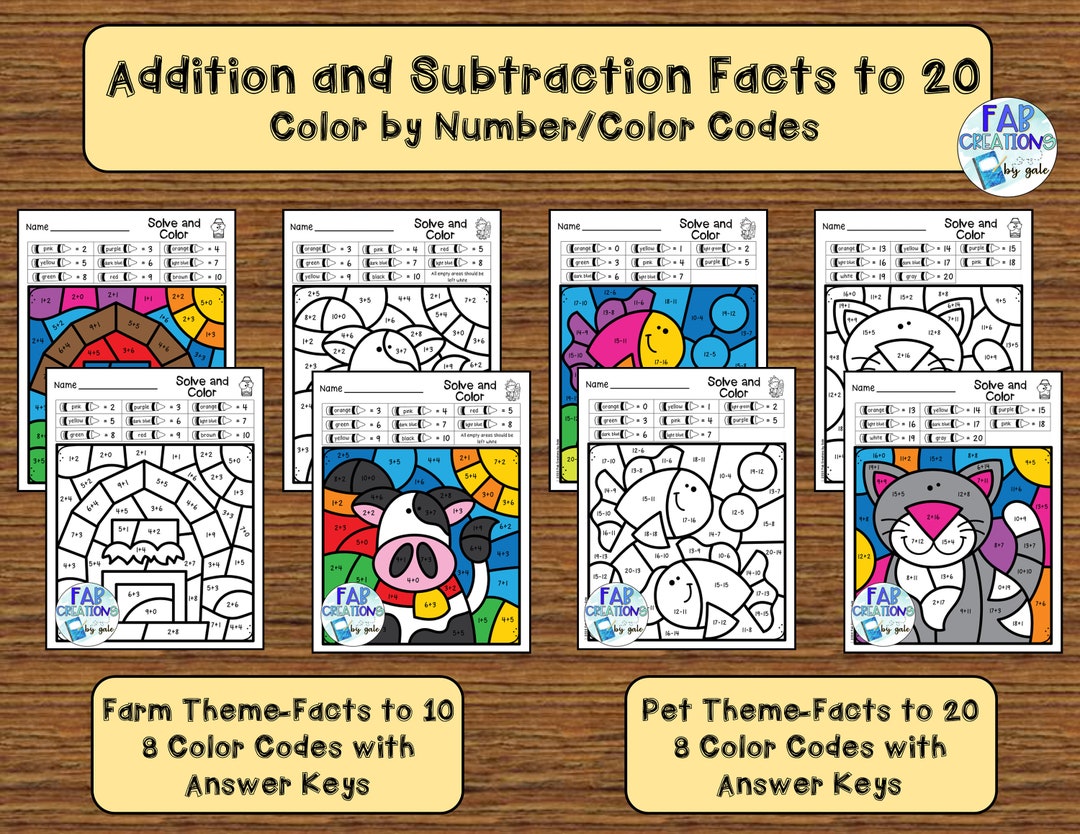 Addition and Subtraction Facts to 20 Color Codes Color by - Etsy