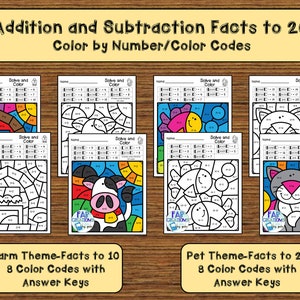 Addition and Subtraction Facts to 20 Color Codes Color by - Etsy
