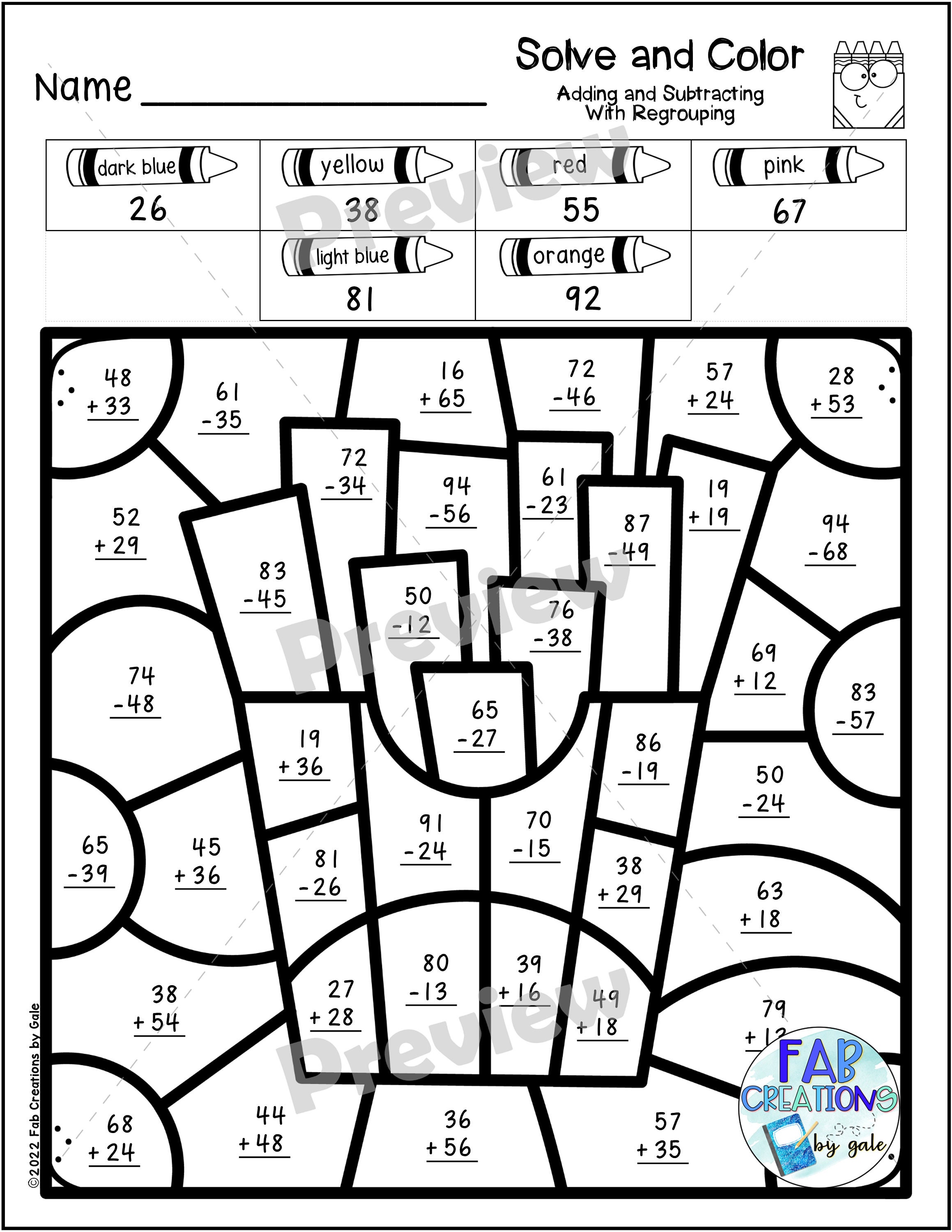 Double Digit Addition and Subtraction Color by Code Worksheets for Kids ...