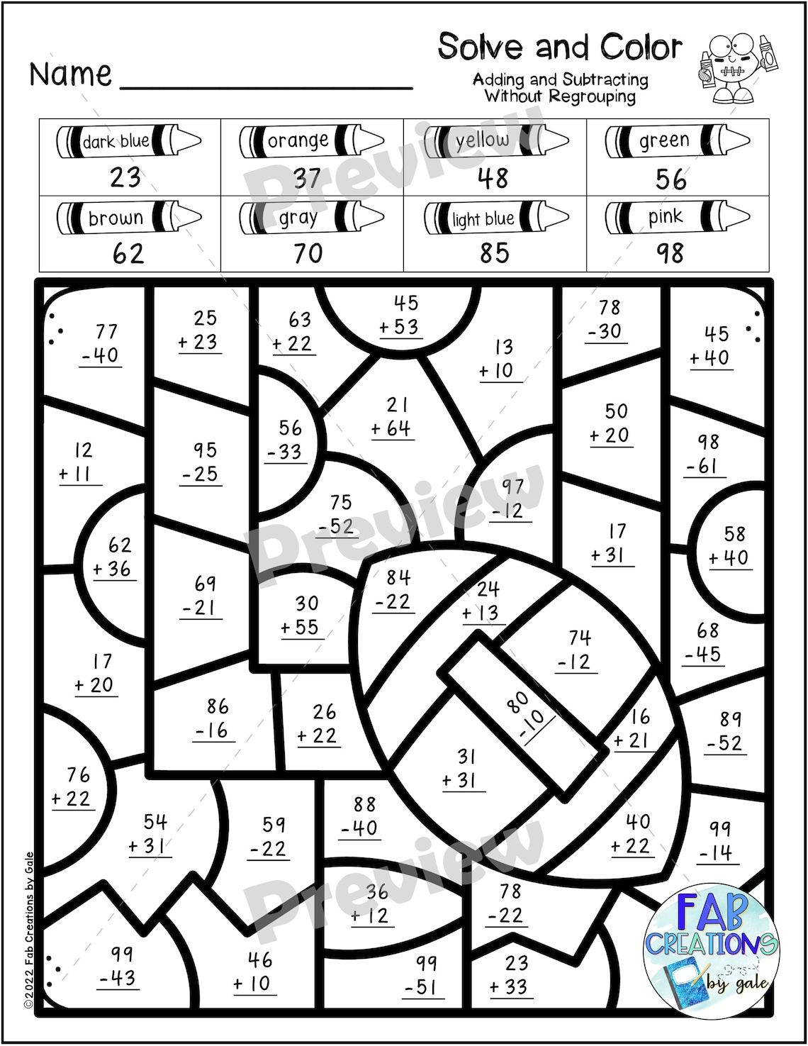Double Digit Addition and Subtraction Color by Code Worksheets for Kids ...