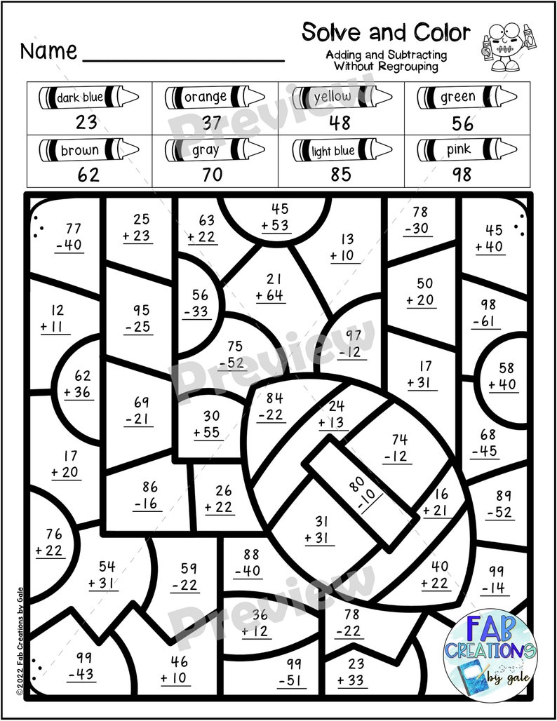 Double Digit Addition & Subtraction Color by Code: Math Worksheets (PDF ...