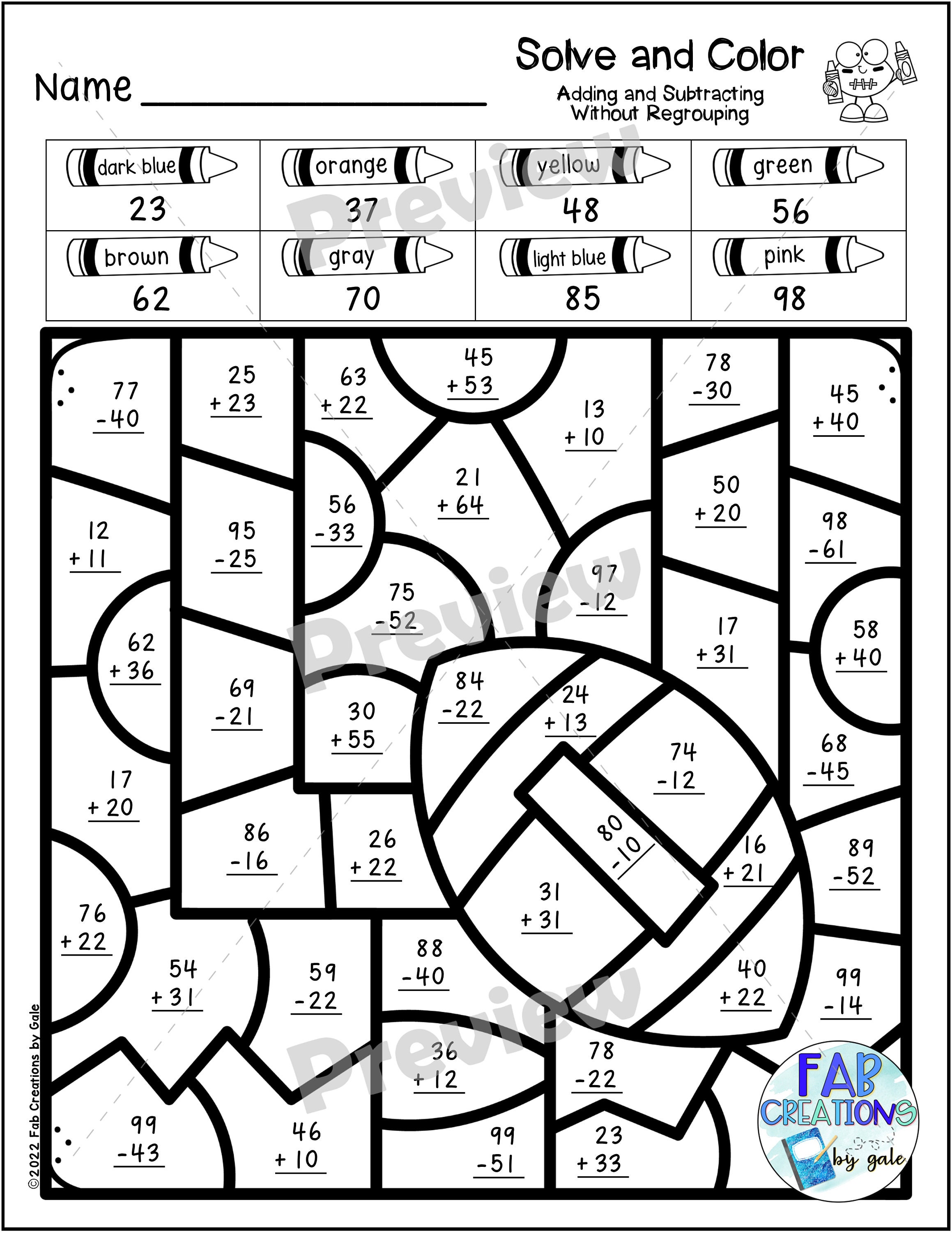 Double Digit Addition & Subtraction Color by Code: Math Worksheets (PDF ...