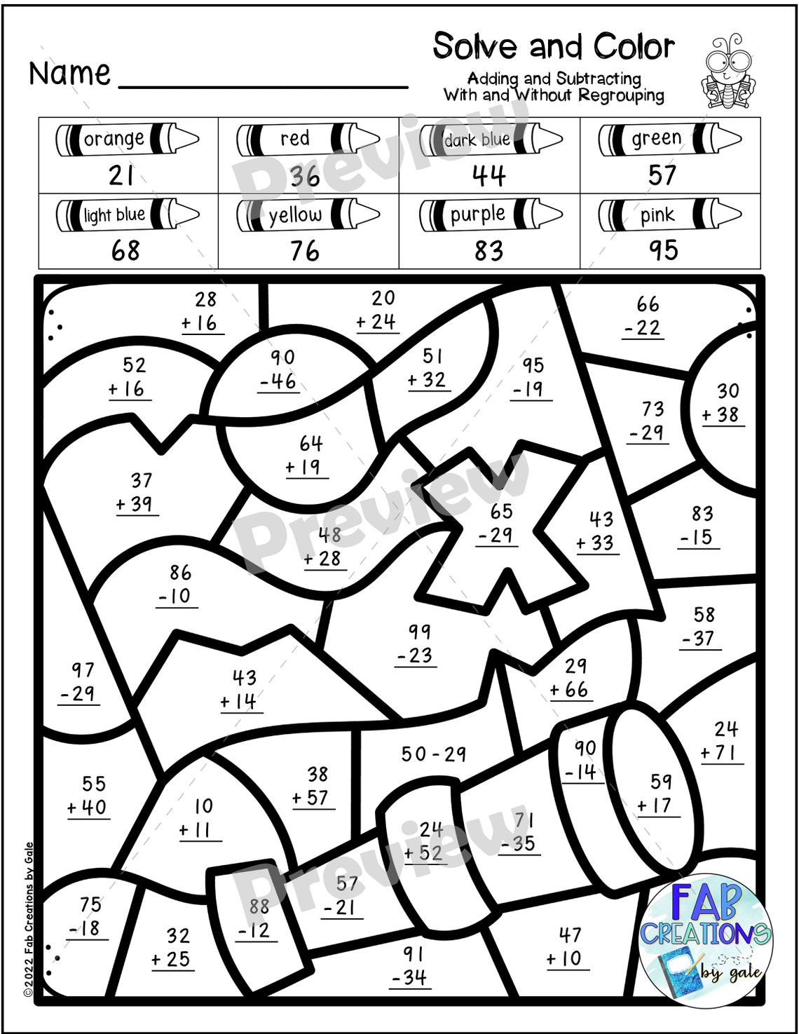 Double Digit Addition & Subtraction Color by Code: Math Worksheets (PDF ...