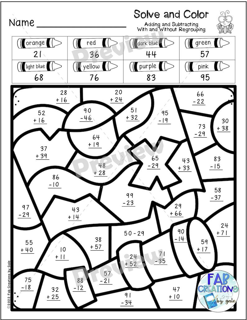 Double Digit Addition & Subtraction Color by Code: Math Worksheets (PDF ...