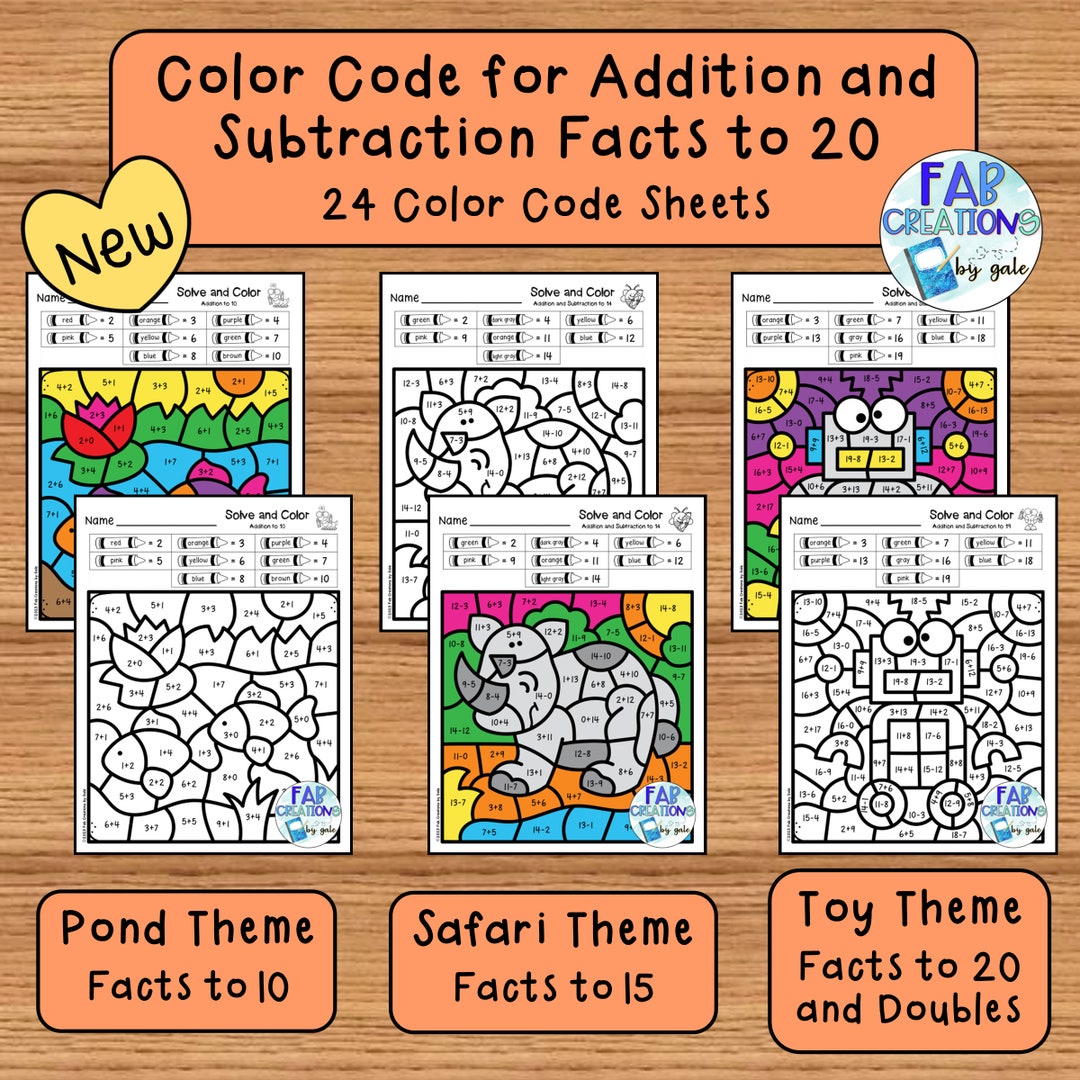 Addition and Subtraction Math Facts to 20 Color by Number Worksheets ...