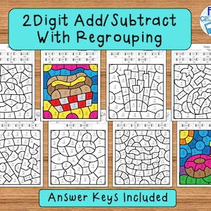Double Digit Addition & Subtraction Color by Code: Math Worksheets (PDF ...