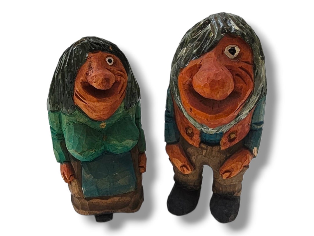 Vintage Norwegian Hand Carved Pair of Troll Gnomes by Ottar Grubbli ...