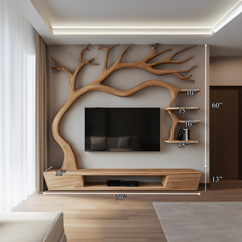 Tree Shaped Solid Wood TV Stand, Rustic Entertainment Center With ...
