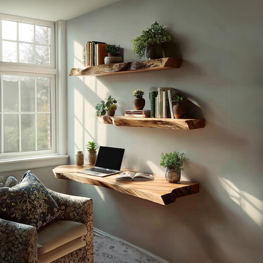 Custom Live Edge Floating Desk: Rustic Wall Mounted Wood Shelf - Etsy