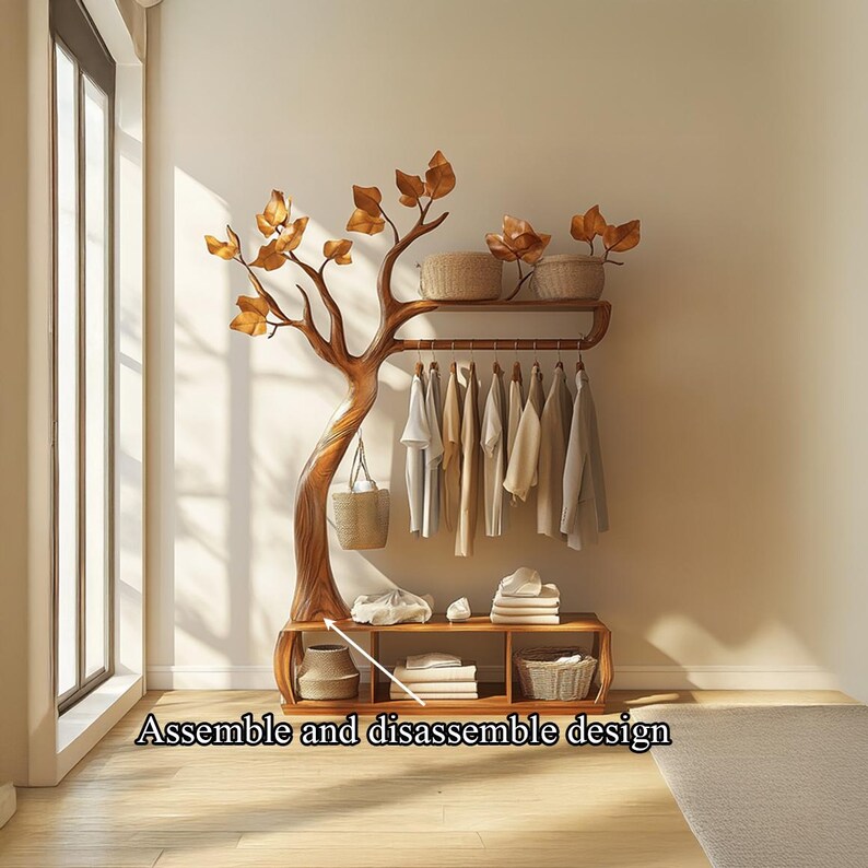 Handmade Wooden Tree Wardrobe Stand, Rustic Clothes Organizer With ...