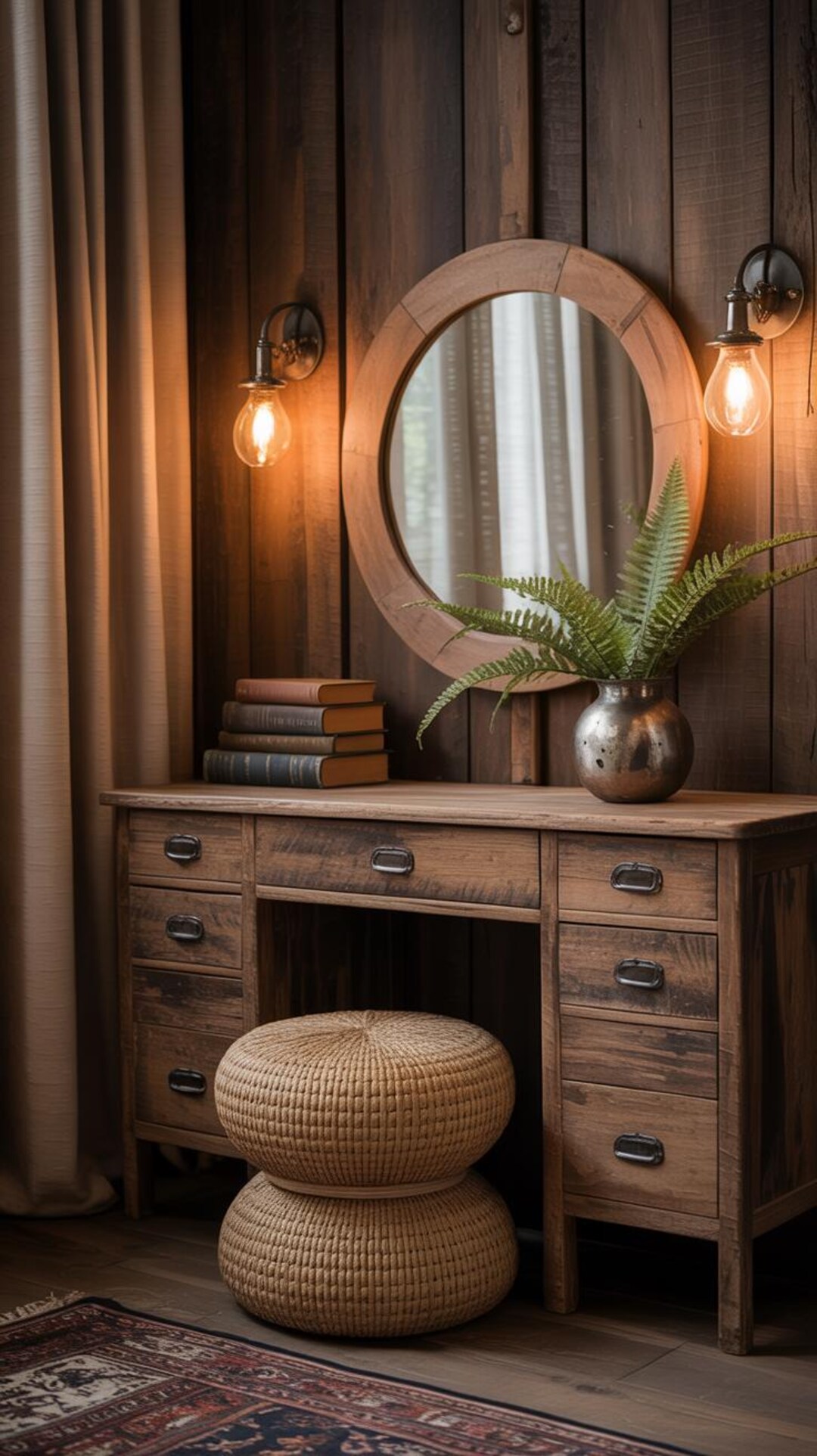 Rustic Vanity Table With Round Mirror Handmade Wood Console Desk ...