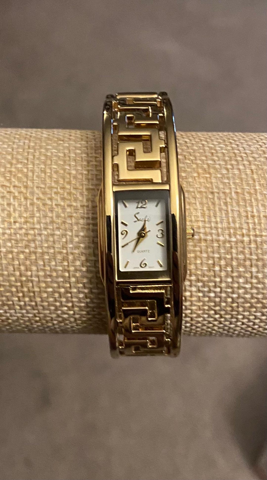 Vintage Sache Gold Ladies Greek Key Cuff Bracelet Watch Quartz W/ New ...