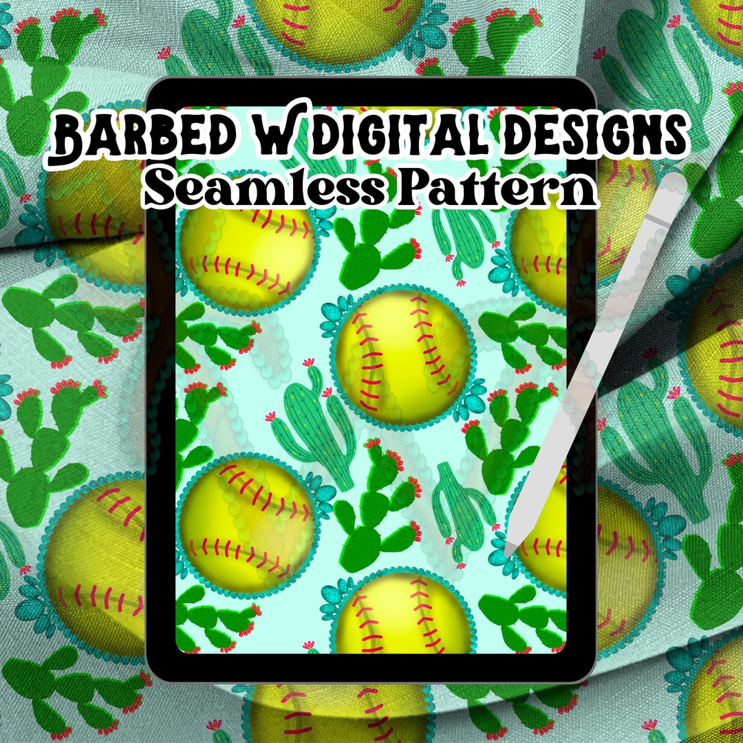 Softball Seamless Pattern, Western Softball Png, Turquoise Png, Cactus ...