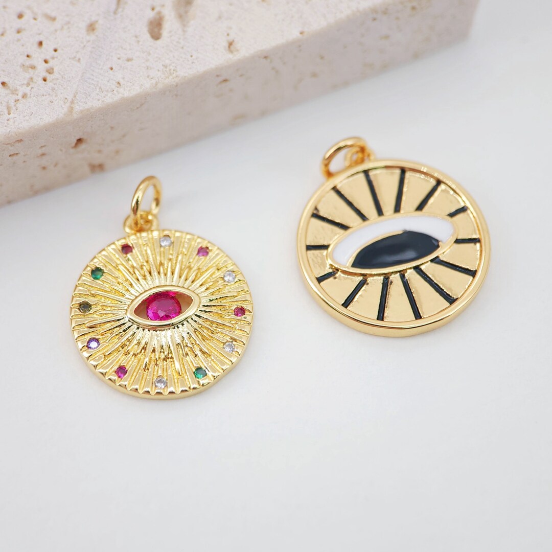 Red Cubic Evil Eye Charm, 18K Gold Plated Micro CZ Pave Round Pendant ...