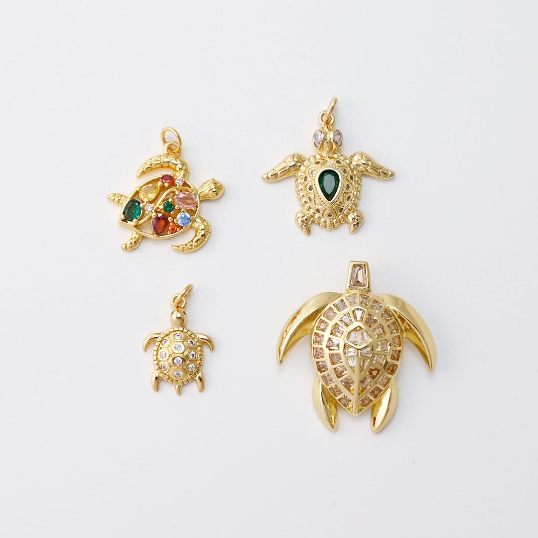 Sea Turtles Charm, 14K Gold Plated Cubic Micro CZ Pave Charms, Marine ...