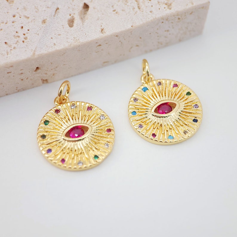 Red Cubic Evil Eye Charm, 18K Gold Plated Micro CZ Pave Round Pendant ...