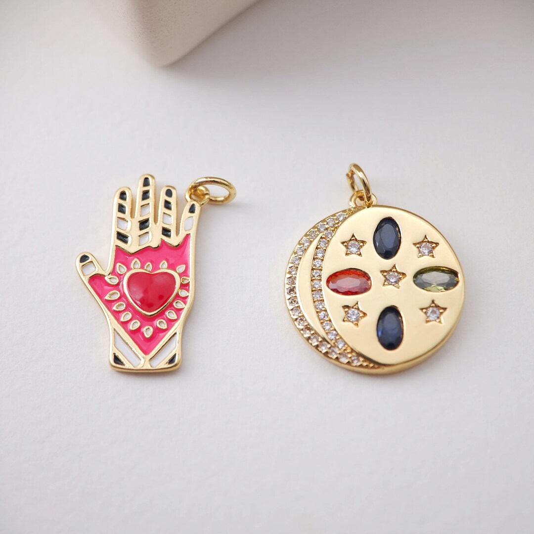 Enamel Hamsa Hand Charm, Planet Pendant, 18K Gold Plated CZ Pave ...