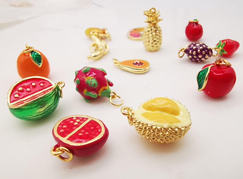 Enamel 3D Fruit Collection Pendants, Strawberry Apple Durian, 18K Gold ...