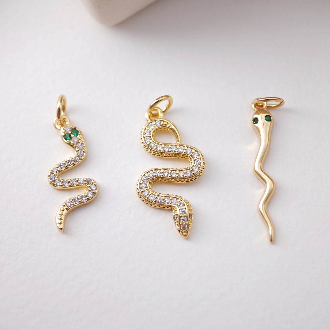 Snake Charm, 18K Gold Plated Snake Pendant for Necklace Making, CZ Pave ...